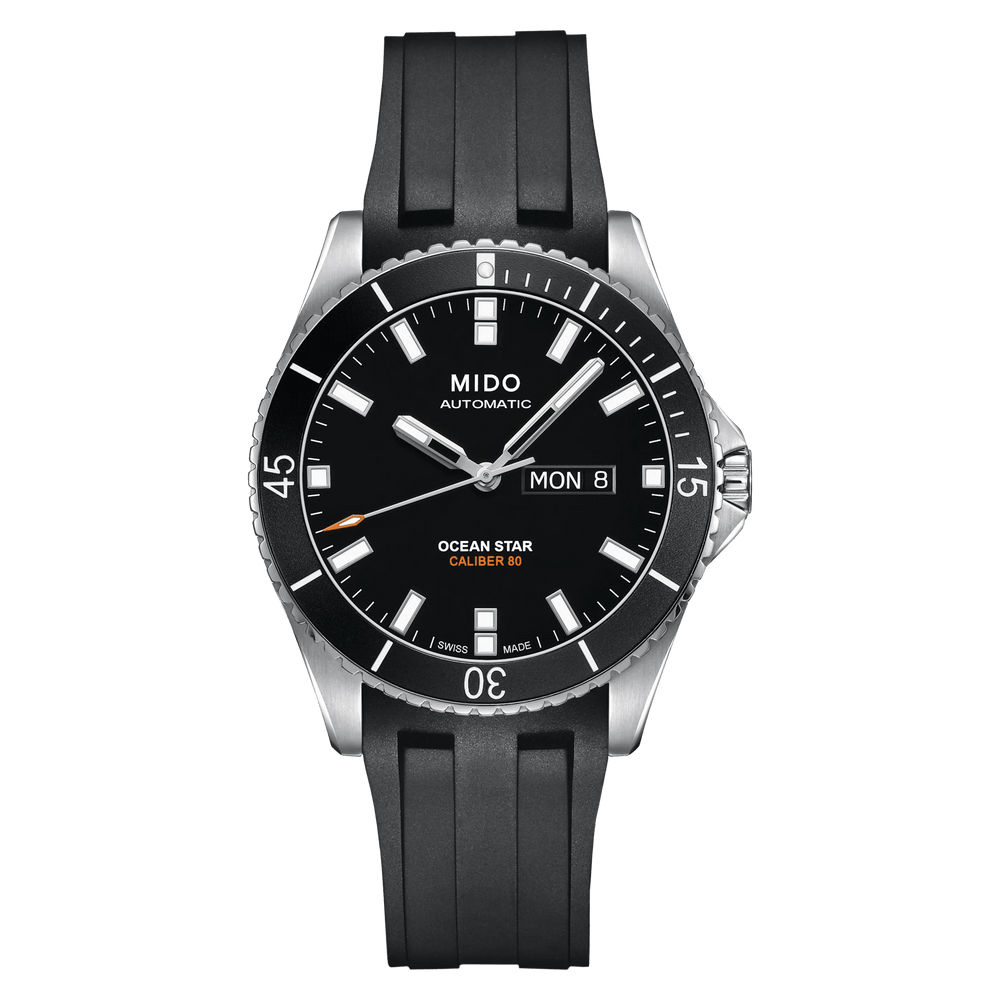 MIDO Ocean Star 200 Black Dial Stainless Steel Watch Black Rubber Strap ...