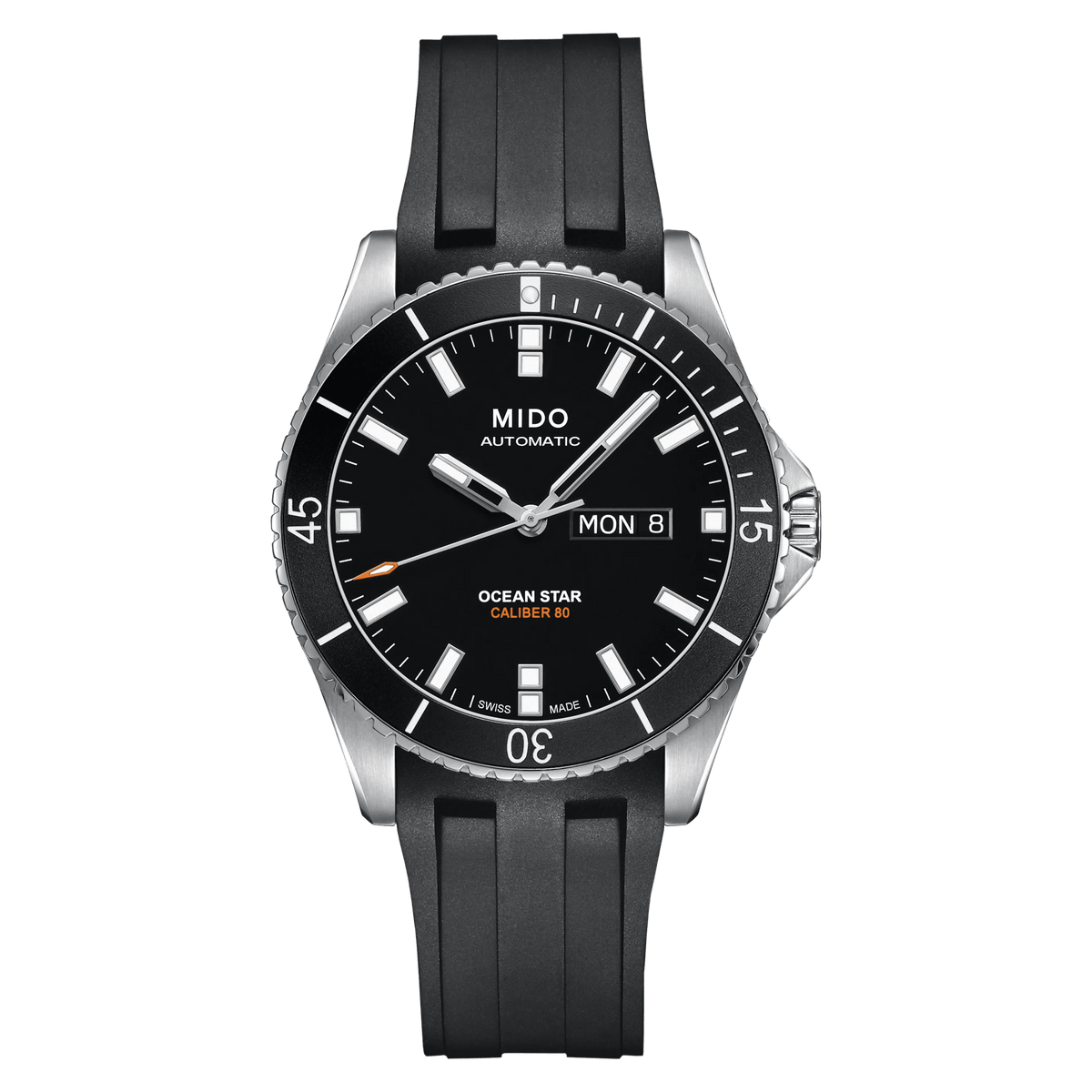 MIDO Ocean Star 200 Black Dial Stainless Steel Watch Black Rubber Strap ...