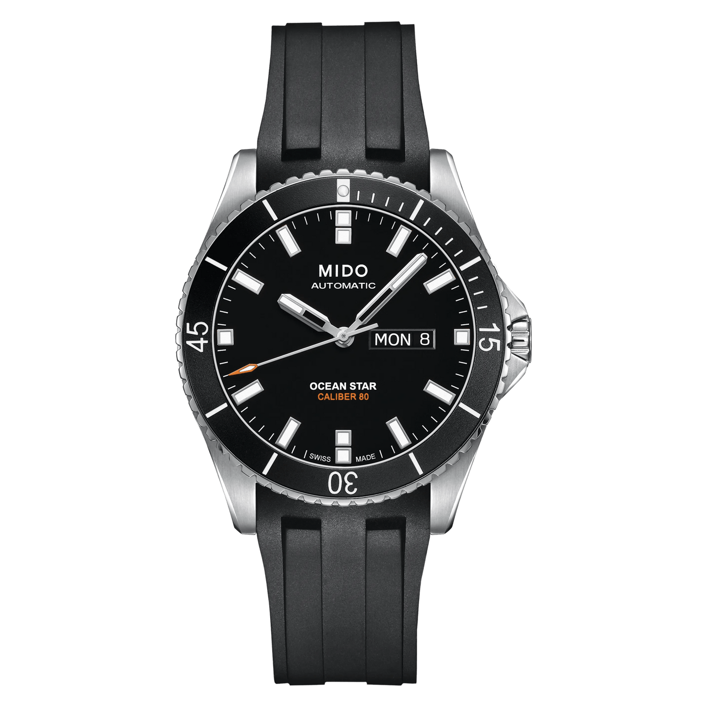 MIDO Ocean Star 200 Black Dial Stainless Steel Watch Black Rubber Strap ...