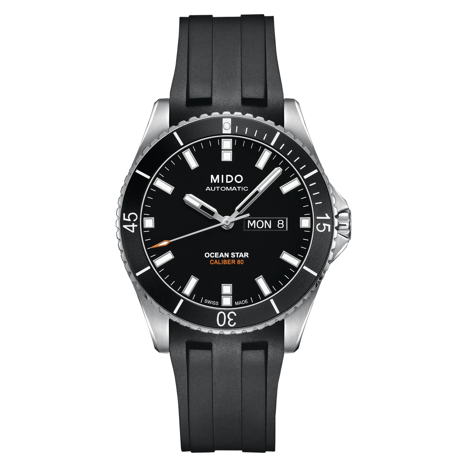 MIDO Ocean Star 200 Black Dial Stainless Steel Watch Black Rubber Strap ...