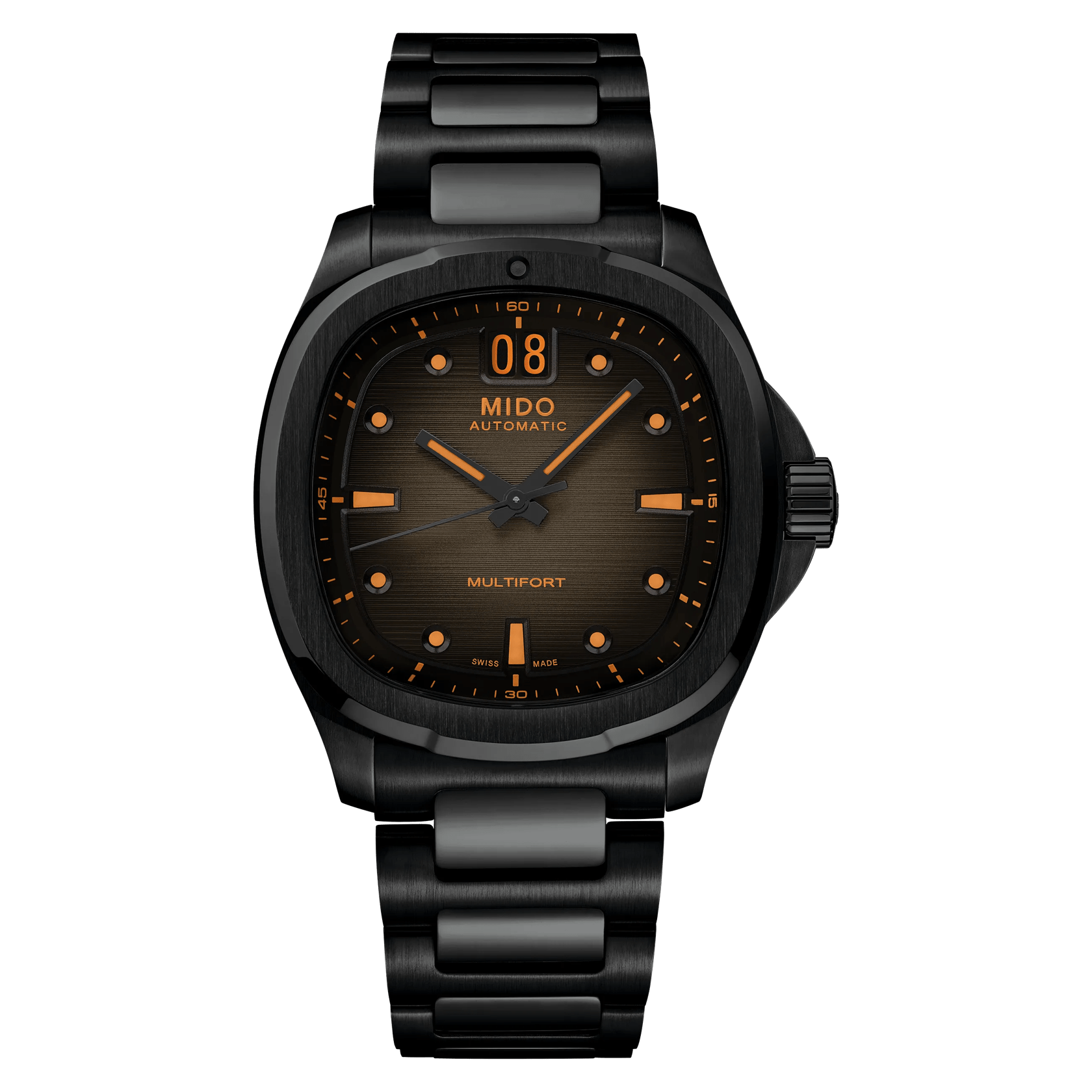 MIDO Multifort TV Big Date Black and Orange Dial Stainless Steel Black ...